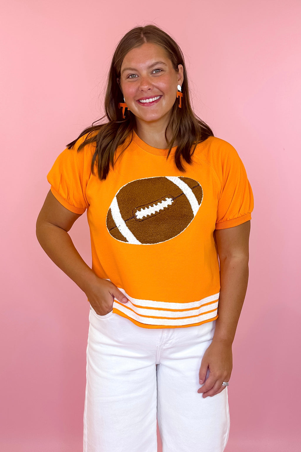 Orange Sequin Stripe Detail Football Patch Top – maddiebea